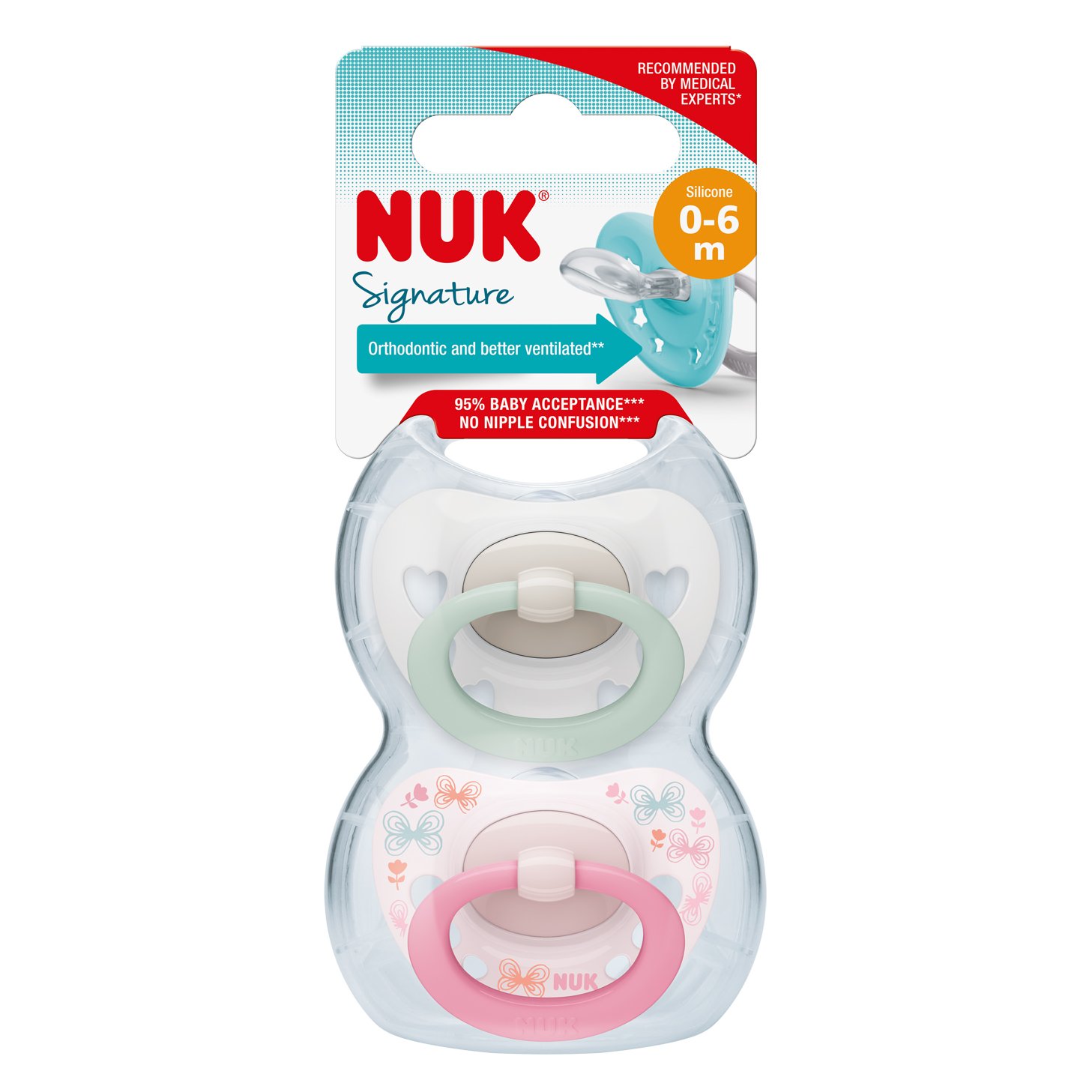 NUK Silikonový dudlík Signature 0-6m. 2 ks BOX | BILLA e-shop